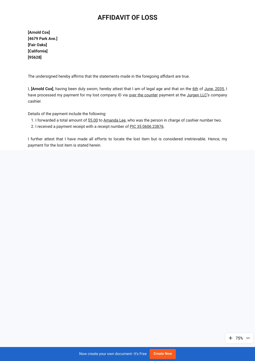 Payment for Affidavit of Loss Template - Download in Word, Google Docs ...