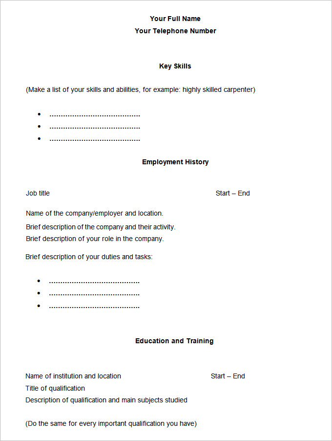 Printable Fillable Blank Resume Template Printable Templates Free