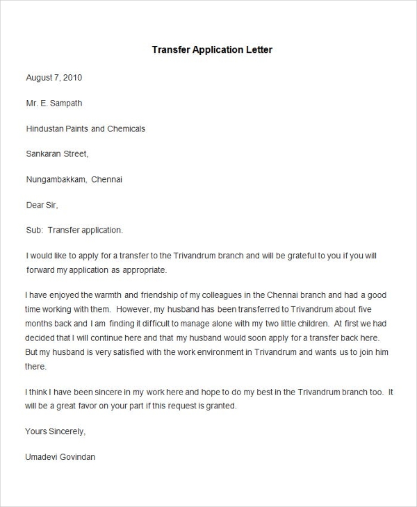 Sample Application Letter