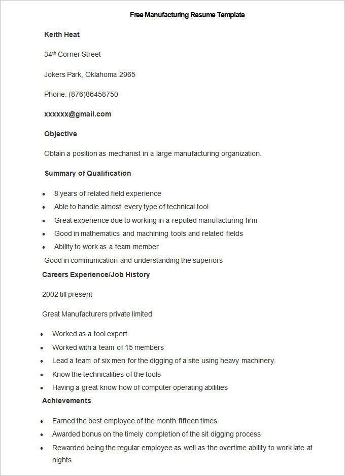 Manufacturing Resume Template – 26+ Free Samples, Examples, Format ...