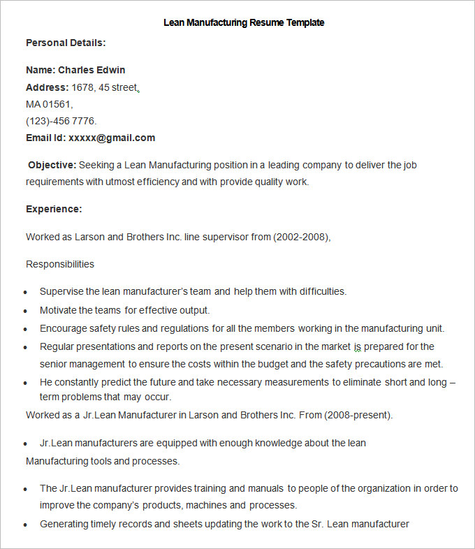 Manufacturing Resume Template – 26+ Free Samples, Examples, Format ...
