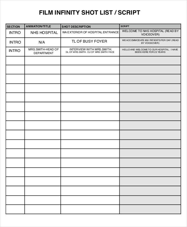 Shot List Templates 10 Free Printable Word Excel PDF Samples