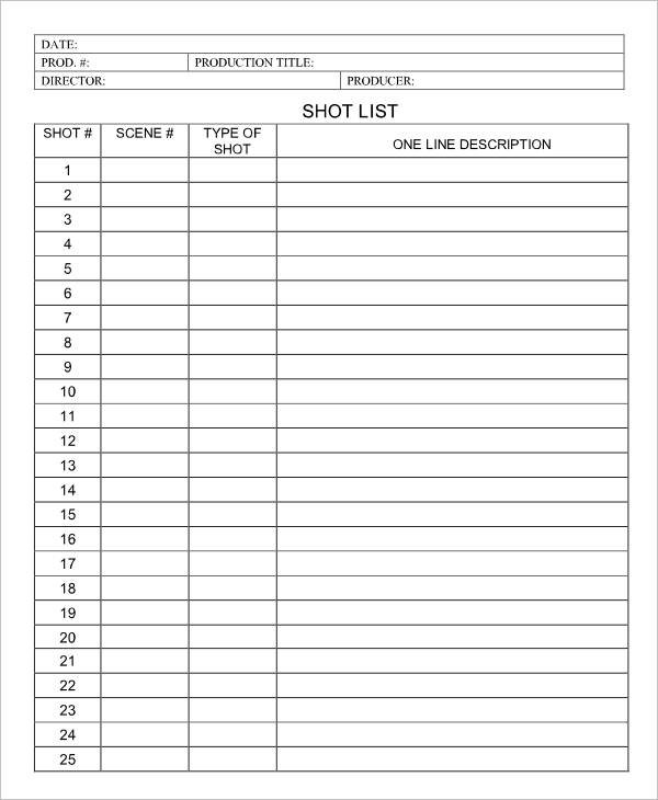 12 Sample Shot List Templates DOC PDF Excel
