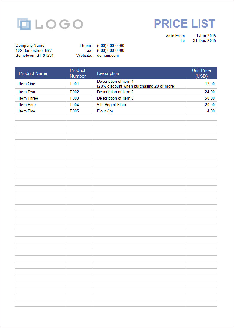 Editable Price List Template Word