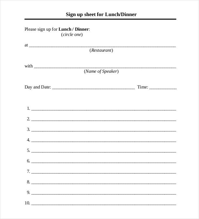 Refreshment Sign Up Sheet