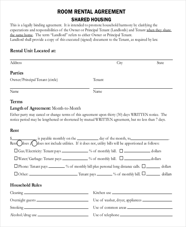 Printable Room Rental Agreement Template Word Doc Printable Templates