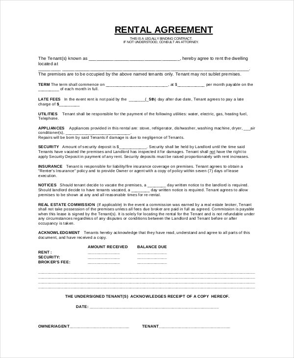 Printable Simple Rental Agreement Form