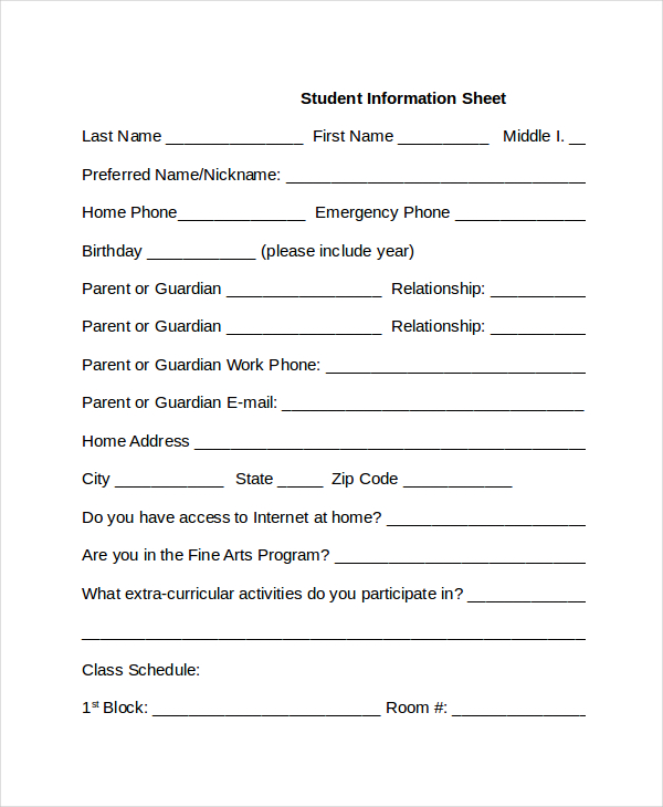 Student Info Sheet Template