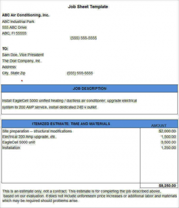 Daily Job Sheet Template Free Sheet Templates