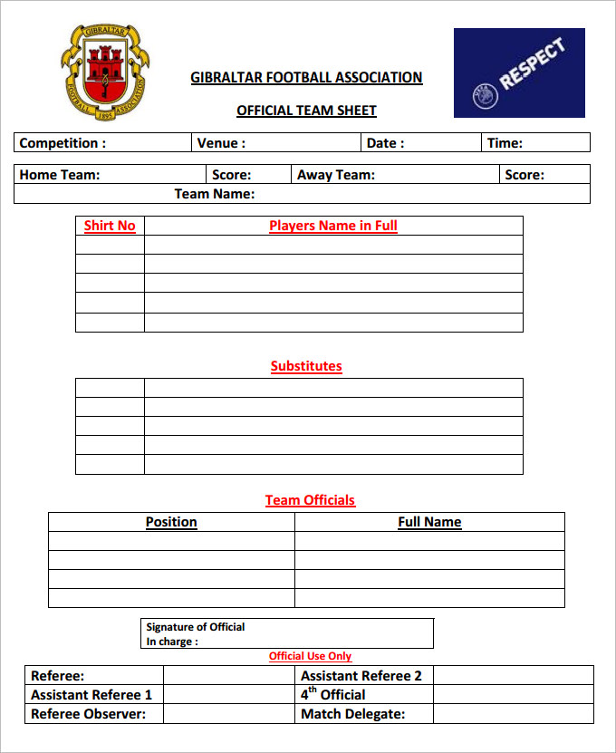 Football Team Sheet Template - 6+ PDF