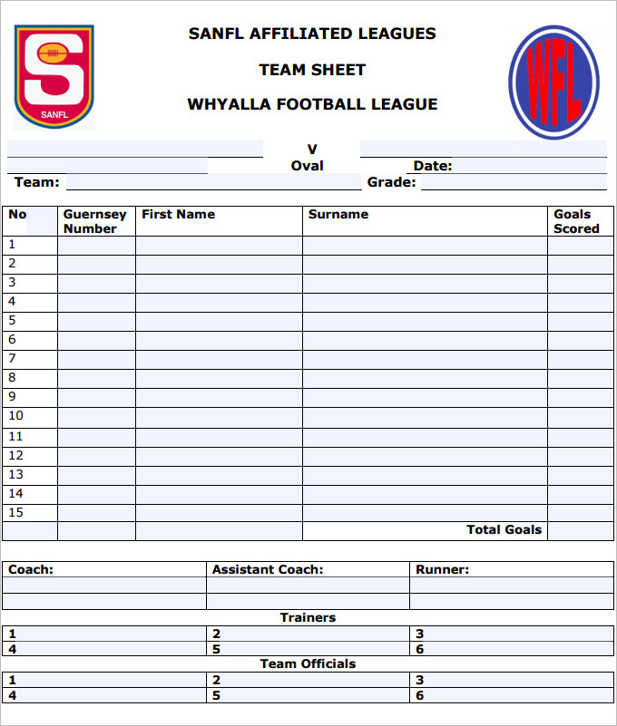 Football Team Sheet Template 6 PDF