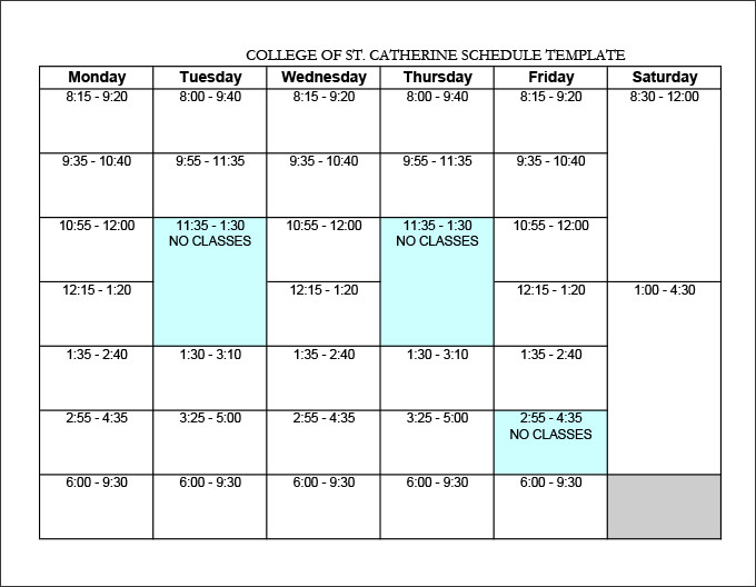 College Schedule Template 12 Free Word Excel PDF Format Download 