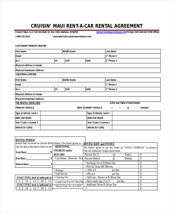 Car Rental Agreement Forms Free Printable