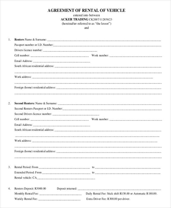 Downloadable Printable Car Rental Agreement Form