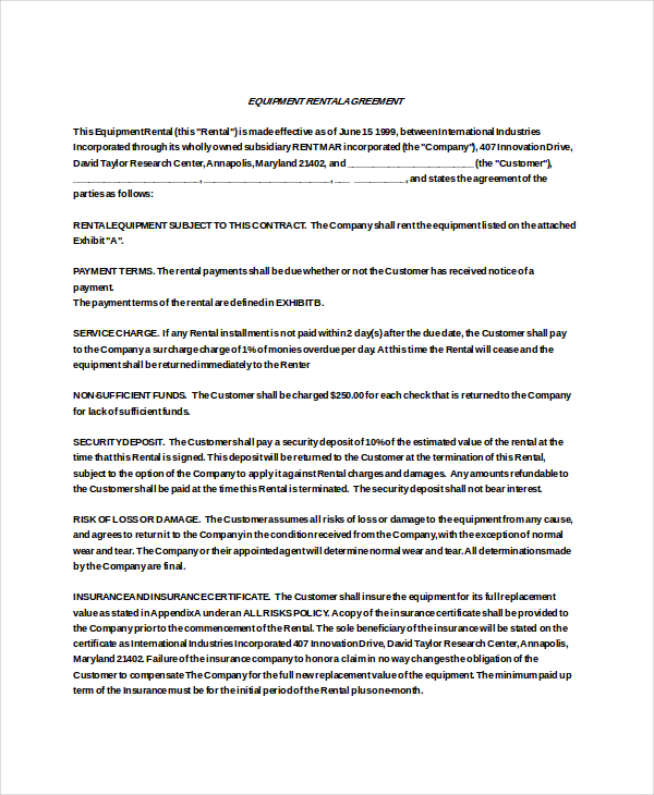 21 Equipment Rental Agreement Templates Free Sample Example Format 