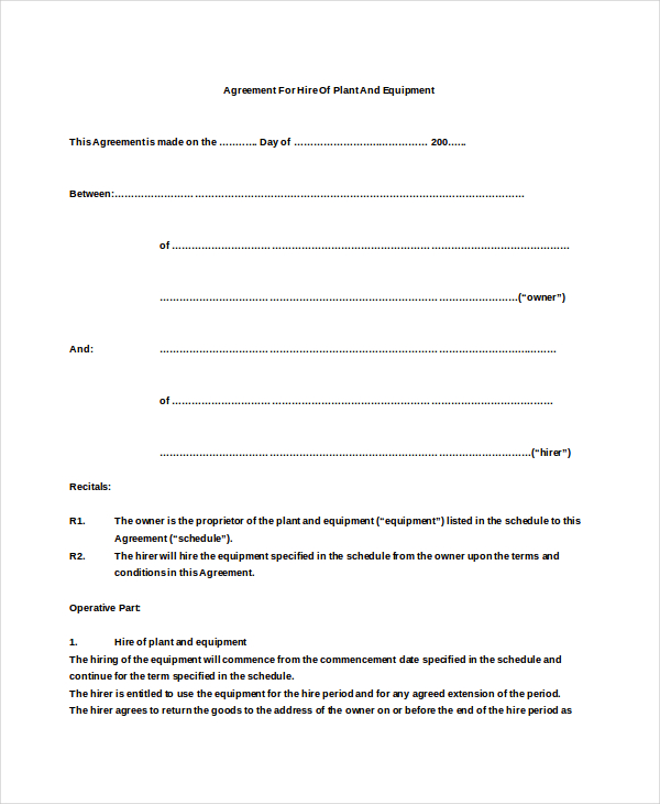 Plant Hire Agreement Template Classles Democracy