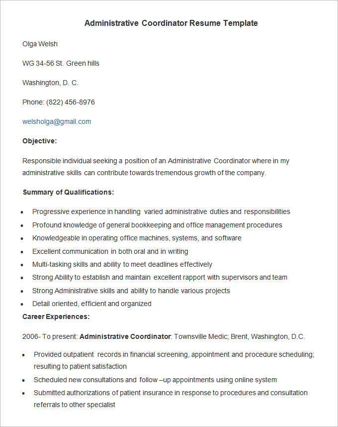 Administration Resume Template - 34+ Free Samples, Examples, Format ...