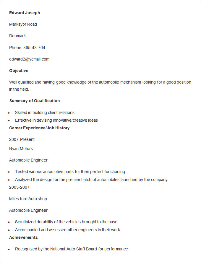Automobile Resume Templates - 29+ Word, PDF, Apple Pages, InDesign, PSD ...