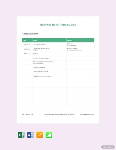 18+ Business Travel Itinerary Template in Excel | Google Docs | Word ...