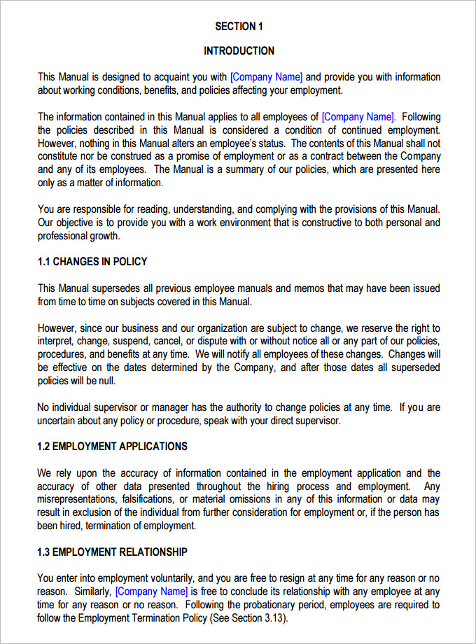 Employee Manual Templates 11 Free Printable Word PDF Formats