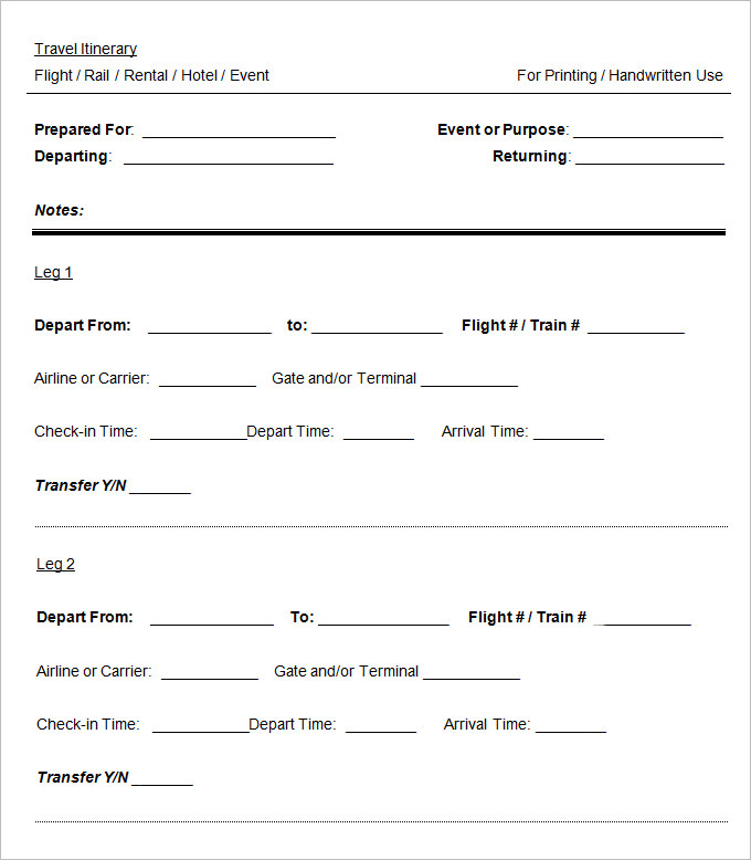Printable Itinerary Template