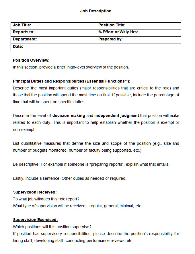Sample Template Sample Job Description The Document Template