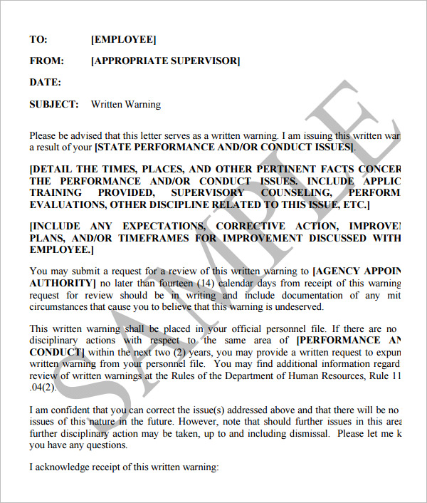 33+ HR Warning Letters - Free Sample, Example Format | Free & Premium ...