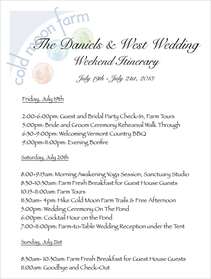 Wedding Weekend Itinerary Template