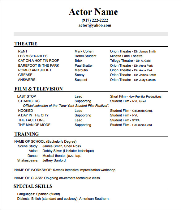 12 Acting Resume Templates Free Samples Examples Formats Download