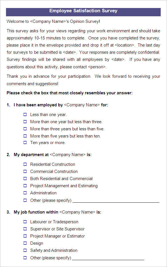 9 Employee Satisfaction Survey Templates Samples DOC PDF