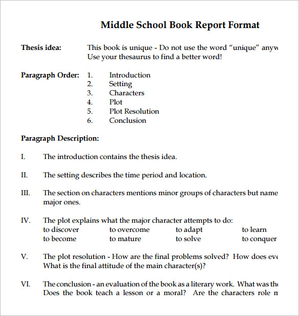 Sample Book Report Format Middle School Middle School Book Report 