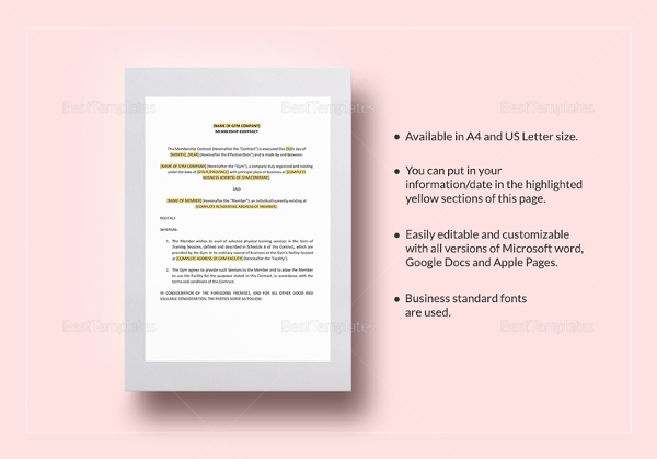 FREE 15+ Gym Contract Templates in MS Word | Google Docs | Apple Pages ...