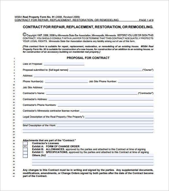 Free Printable Simple Home Repair Contract Template