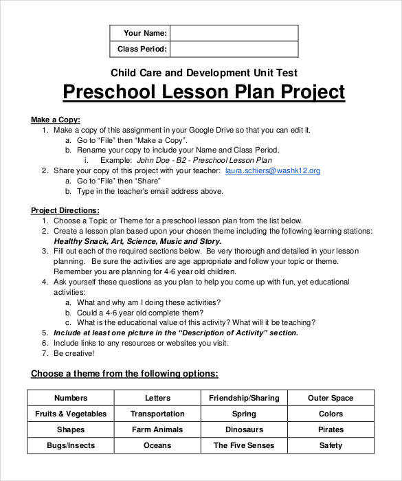 Project Based Lesson Plan Template