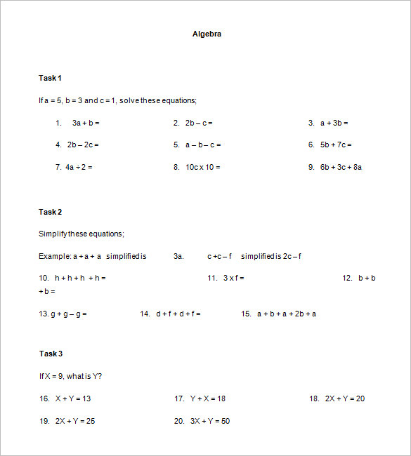 13 Simple Algebra Worksheet Templates Word PDF
