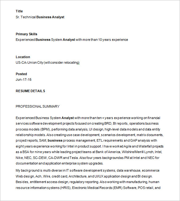 Business Analyst Resume Template - 29+ Free Samples, Examples, Format ...