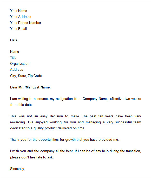 Sample Resignation Letter 4 Weeks Notice