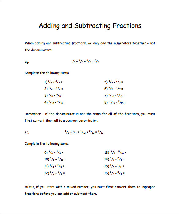 15+ Adding And Subtracting Fractions Worksheets – Free PDF Documents ...