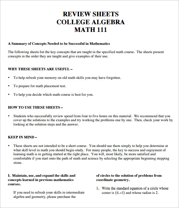 8+ College Algebra Worksheet Templates - DOC, PDF