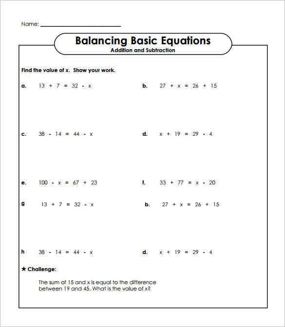 Simple Algebraic Equations Worksheets