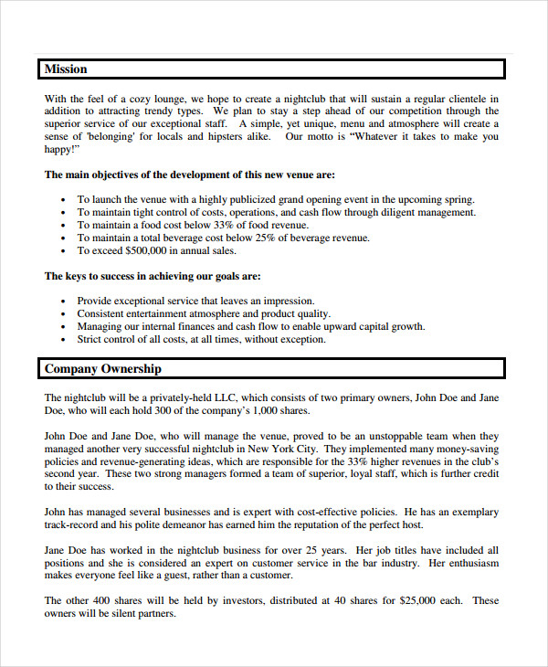 Free Business Plan Template For Restaurant And Bar Printable Templates