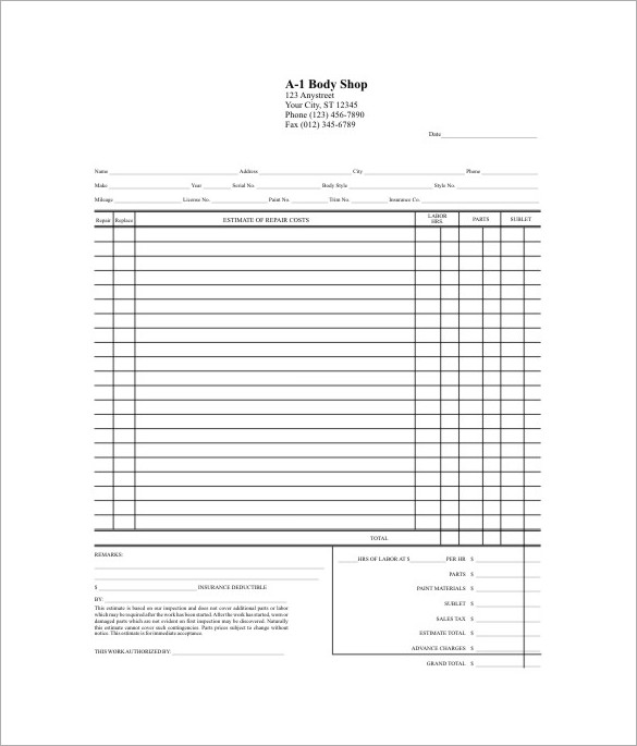 Car Repair Estimate Template Free FREE PRINTABLE TEMPLATES