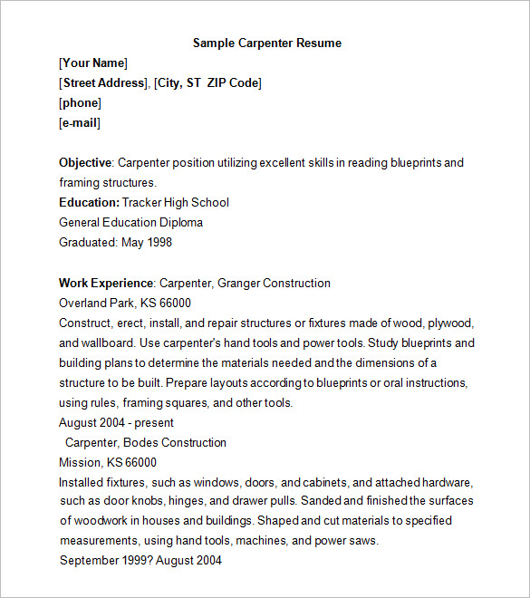 Carpenter Resume Template – 9+ Free Samples, Examples, Format Download ...