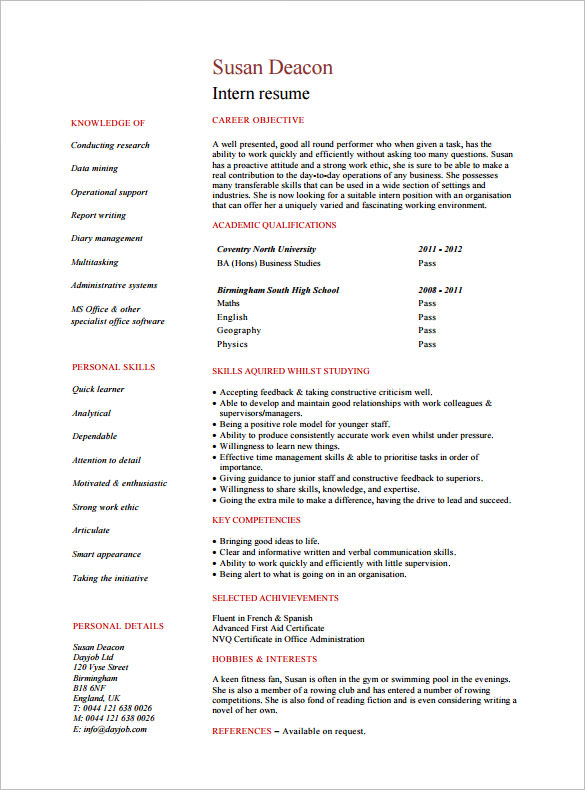 13+ Internship Resume Templates - PDF, DOC