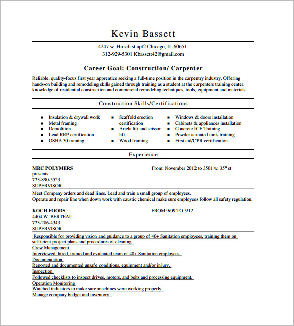 Carpenter Resume Template 9 Free Samples Examples Format Download 