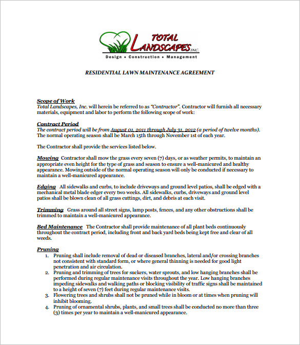 FREE 9 Lawn Service Contract Templates In PDF MS Word Apple Pages 