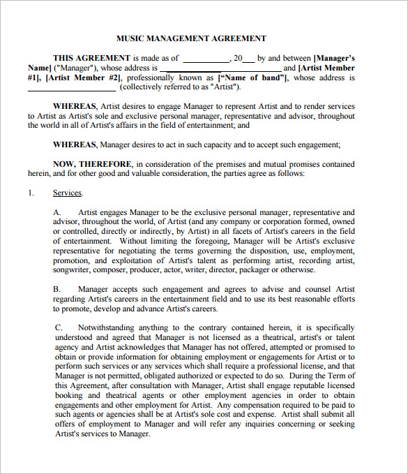 Free Music Management Contract Templates Printable Templates