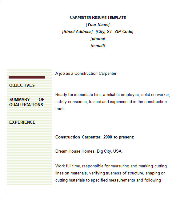 Carpenter Resume Template – 9+ Free Samples, Examples, Format Download ...