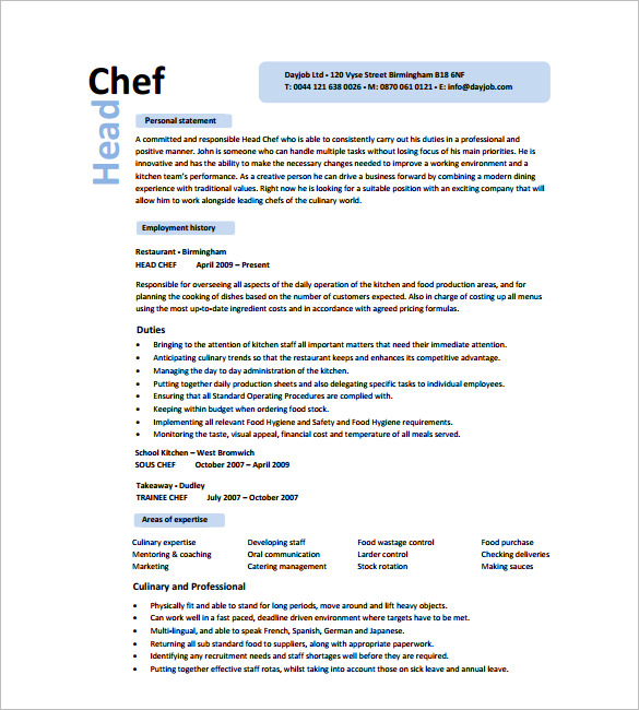 Chef Resume Template Word Curriculum Vitae Template Word CV Templates 