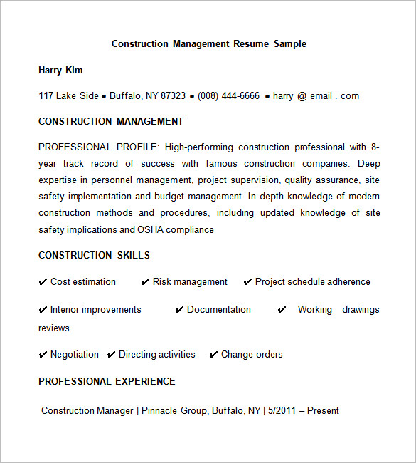 12+ FREE Construction Resume Templates - DOC, PDF